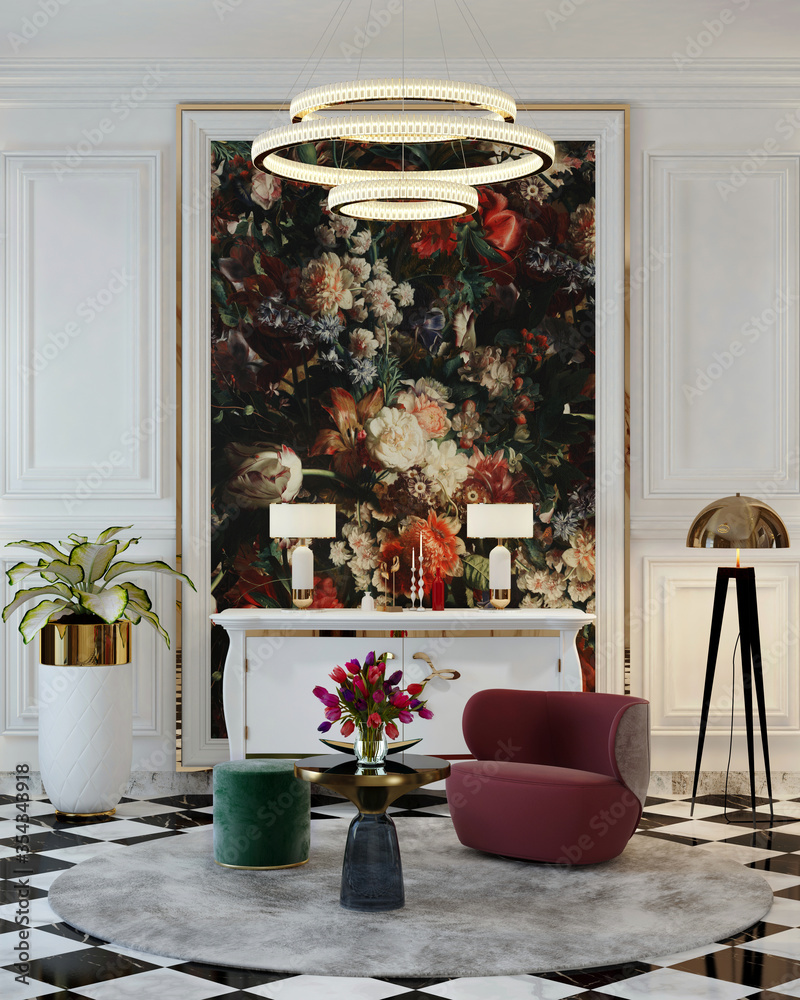 Luxurious classic reception hall design with armchair, console, mirror ...