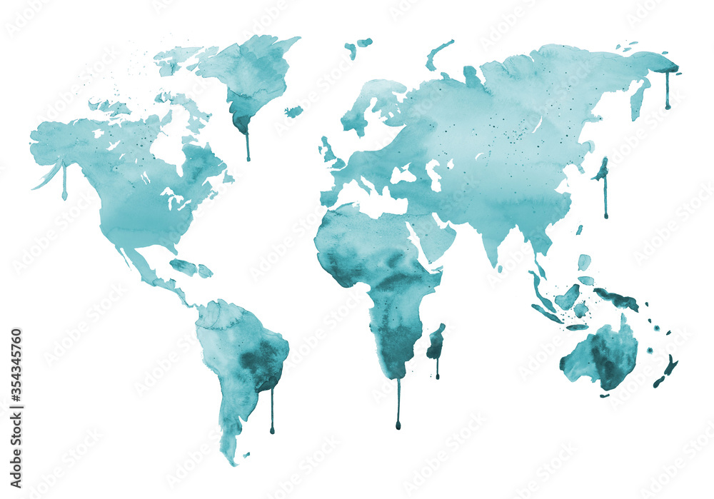 Aquamarine world map. Abstract blue topography art. Watercolour ...