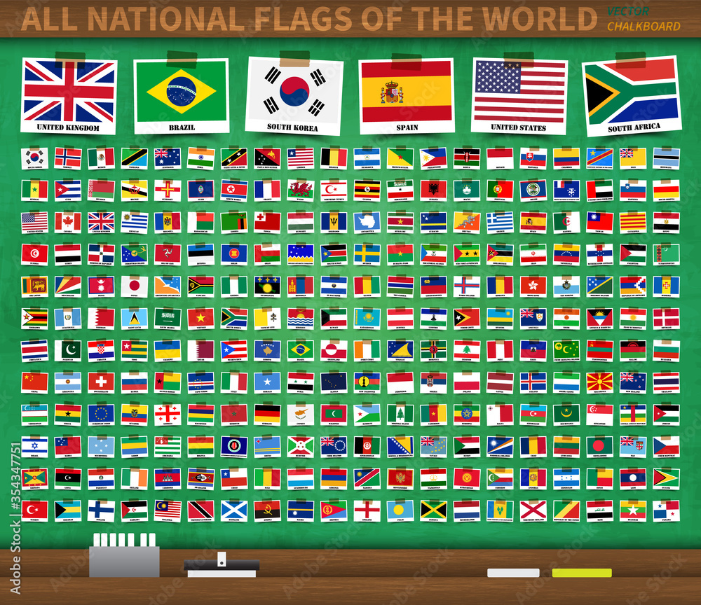 All national flags of the world on realistic green color chalkboard ...