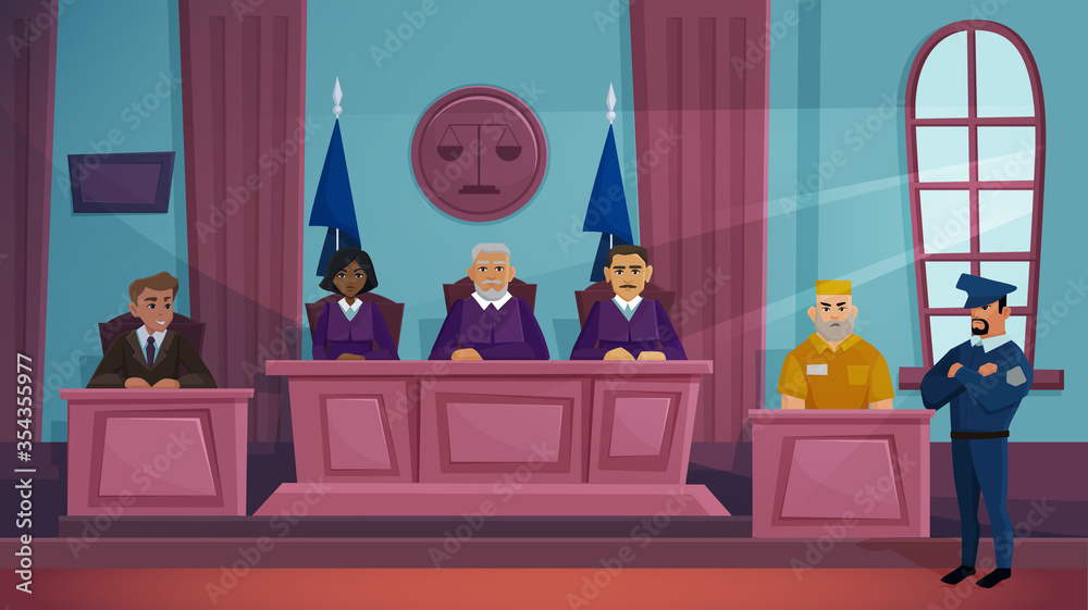 Court of law justice vector illustration. Cartoon flat courtroom ...