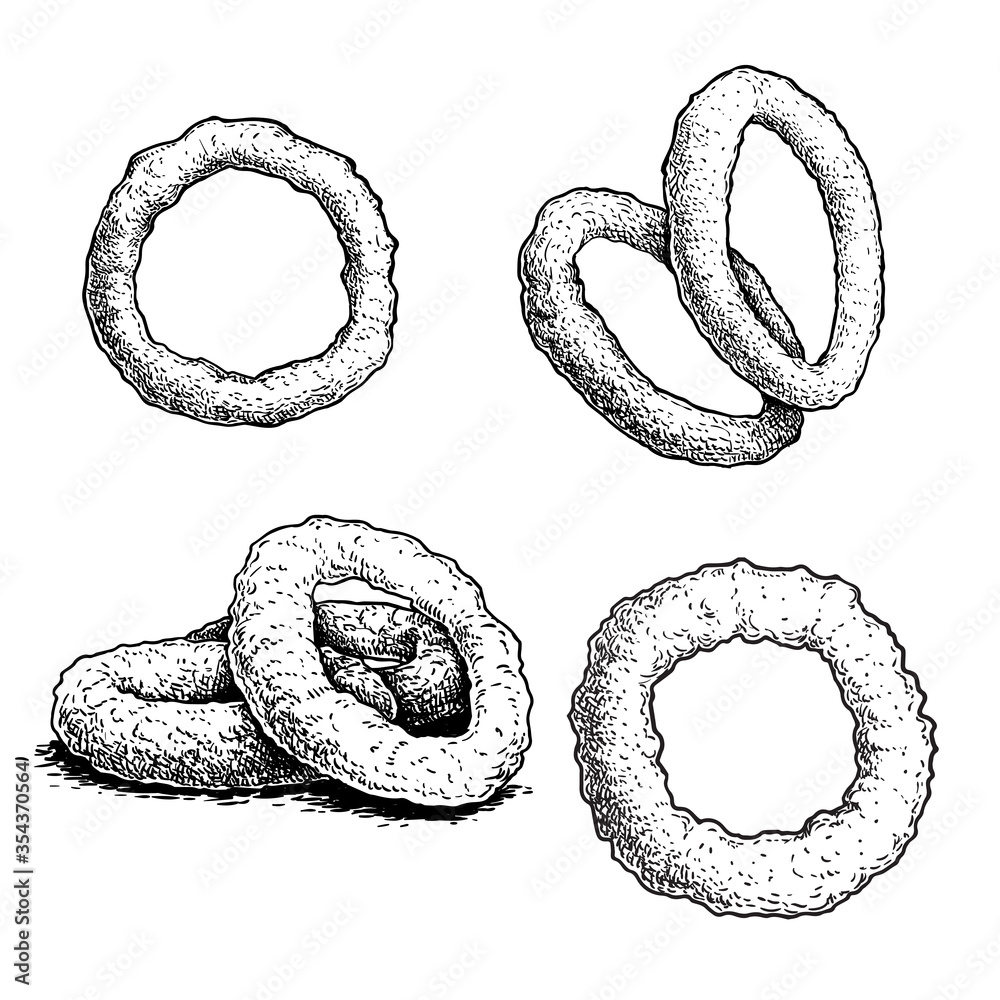 Hand drawn sketch style roasted onion rings set. Street fast food ...