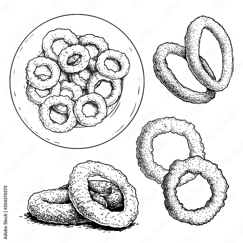 Hand drawn sketch style roasted onion rings set. Street fast food ...