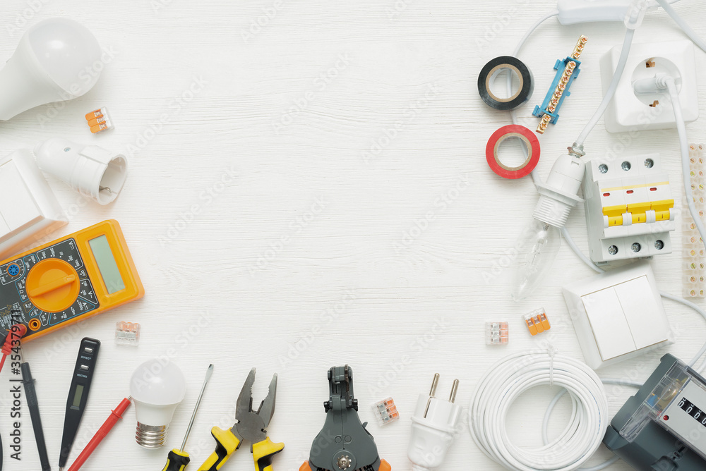 Electric equipment and accessories concept flat lay background with ...