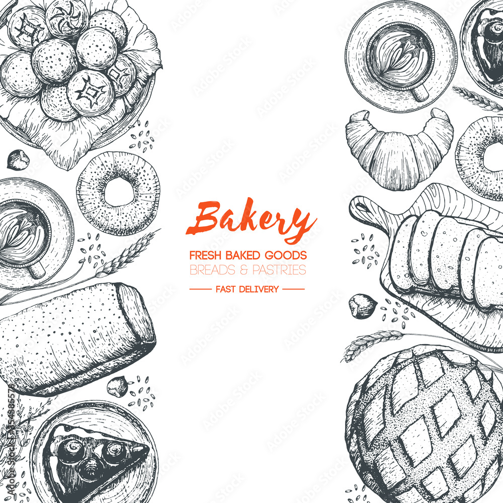 Bakery background. Bakery top view frame. Hand drawn sketch with bread ...