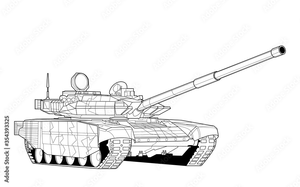 Adult line art military tank coloring page for book and drawing. War ...