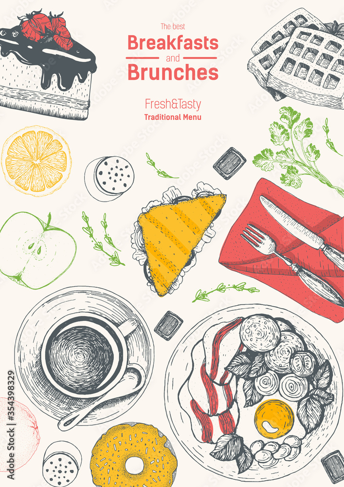 Brunch and breakfast top view frame. Food menu design. Vintage hand ...