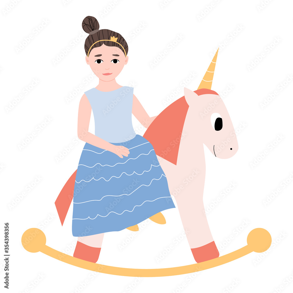 Little princess riding a unicorn. Rocking horse toy. Cute child print ...