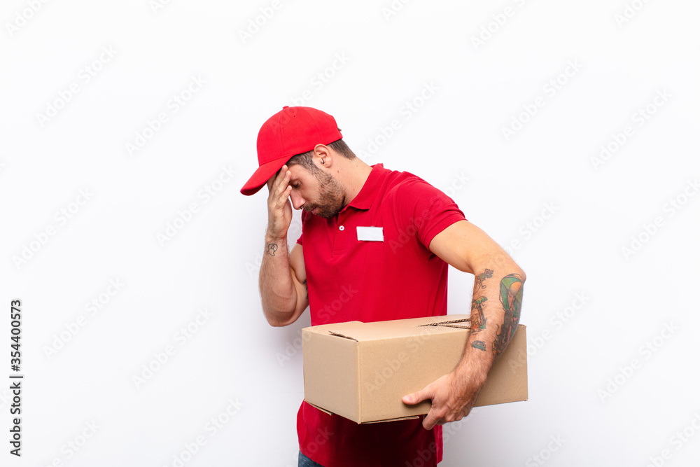 covering eyes with hands with a sad, frustrated look of despair, crying ...