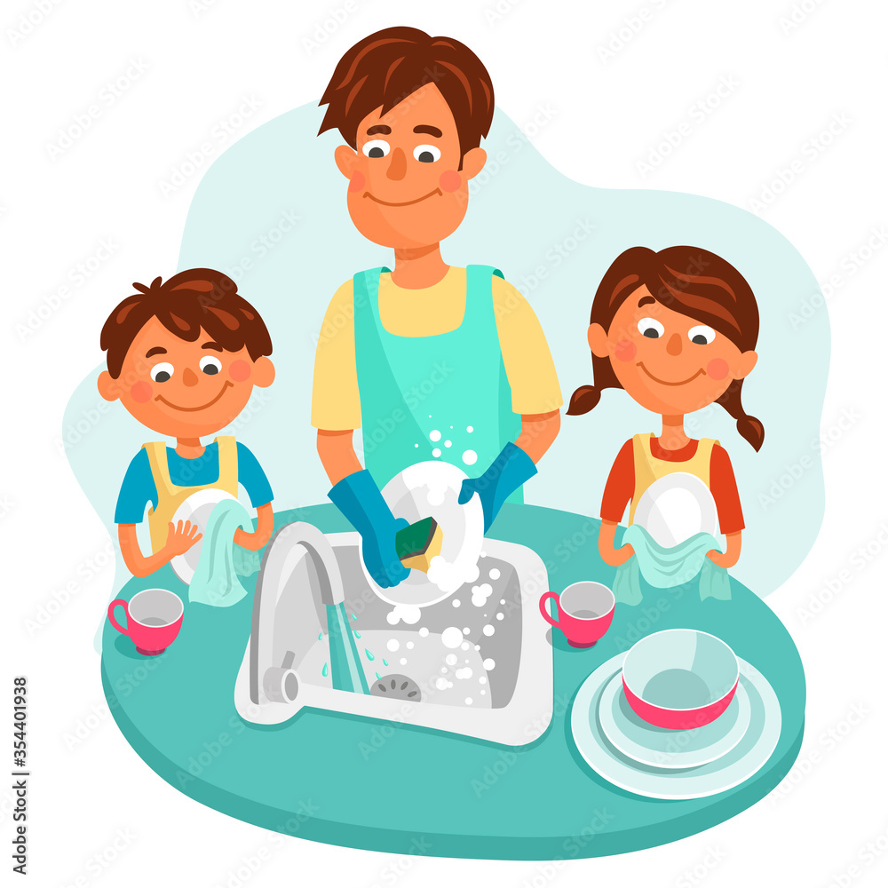 Dad with his daughter and son washes dishes. Children, a boy and a girl ...
