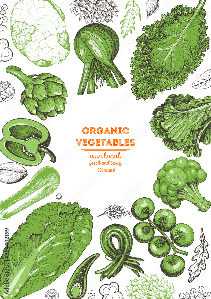 Vegetables top view frame. Farmers market menu design template. Organic ...