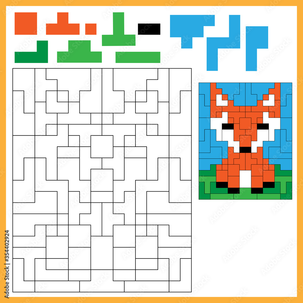 Fox. Color the image using shapes. Coloring book for kids. Colorful ...