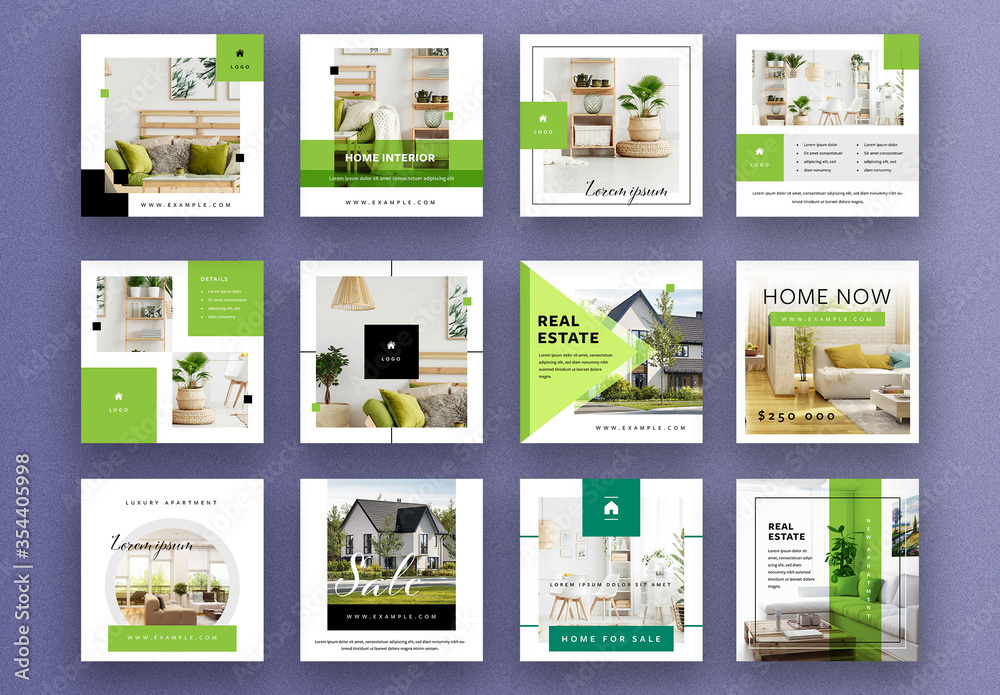 Real Estate Social Media Post Layout Set with Green Accents Stock ...