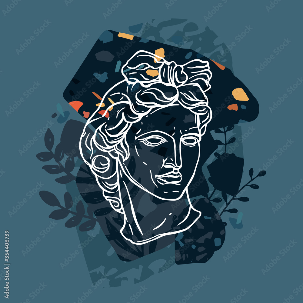 Trendy vector print with Apollo head statue. Line sketch drawing with ...