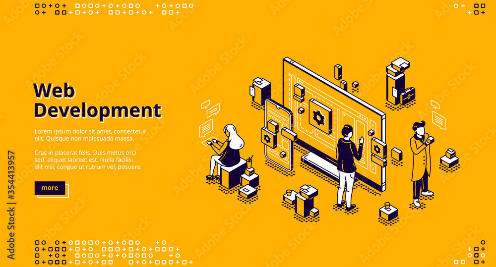 Vetor de Web development isometric landing page. Programmers coding ...