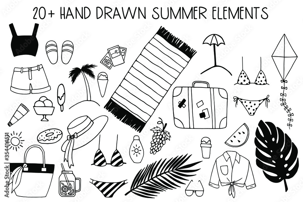 Summer doodle clipart set. Hand drawn doodle elements for logo design ...