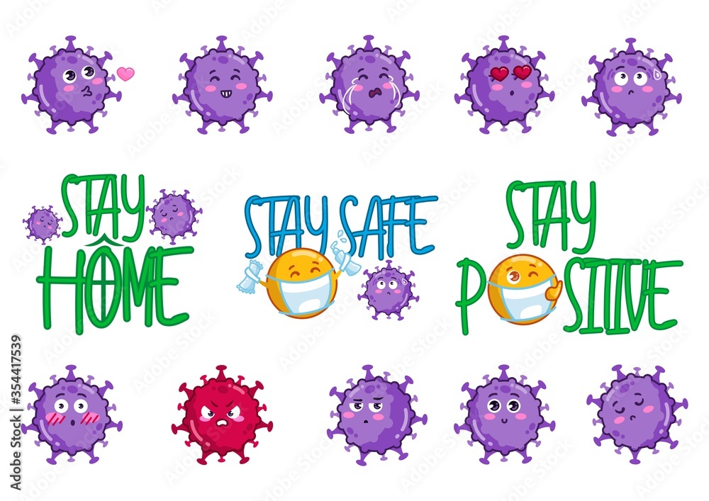 Virus stickers collection stay home stay safe vector illustration. Cute ...