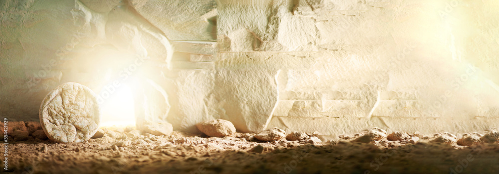 Stone is rolled away from empty grave on Easter morning. Jesus Christ ...