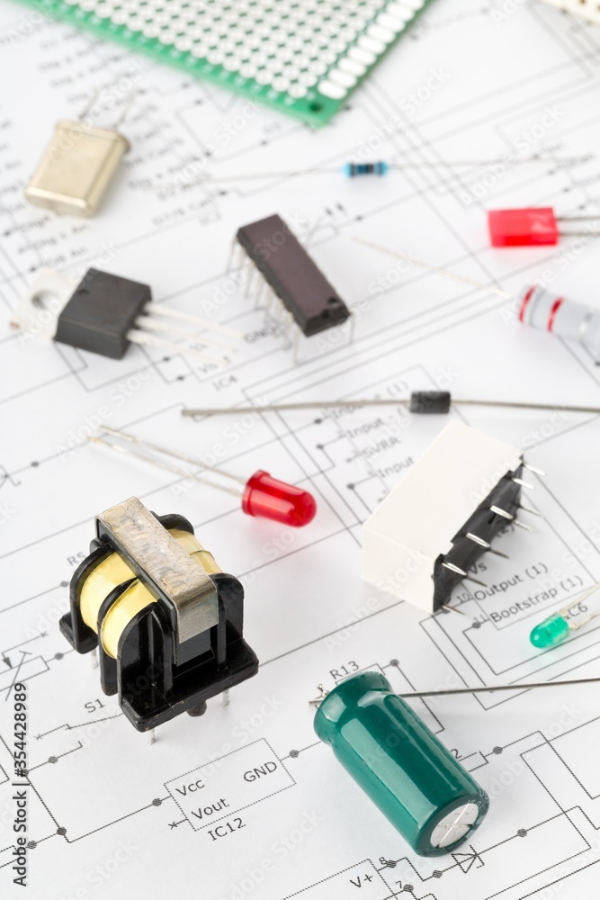 Different electronic parts or components on pcb wiring diagram with ...