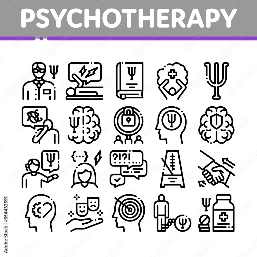 Psychotherapy Help Collection Icons Set Vector. Handshake And Brain ...