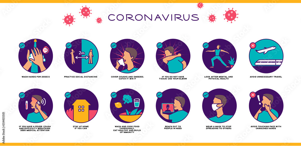 Covid-19 virus set of advice high contrast colourful colour blind safe ...