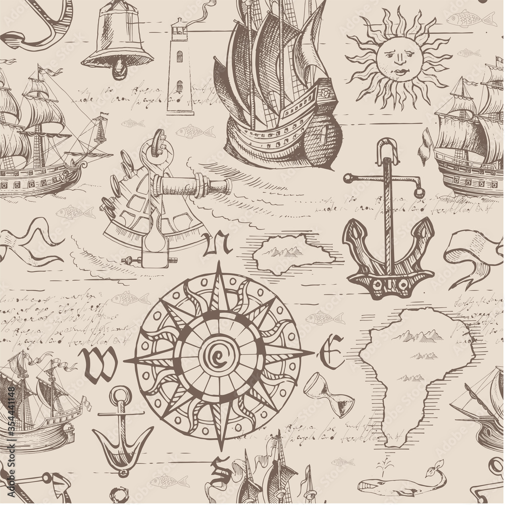 Vector abstract seamless pattern on the theme of travel, adventure and ...