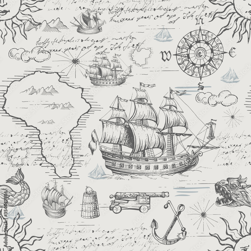 Vector abstract seamless pattern on the theme of travel, adventure and ...