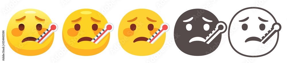 Face with thermometer. Sick emoji, fever emoticon and sad patient flat ...
