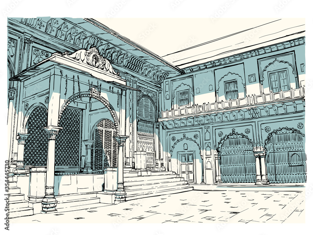 Yard in Indian temple in Vrindavan. Vector illustration Stock Vector ...