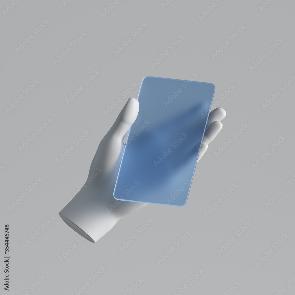 3d render, white mannequin hand holding blue glass smart phone ...