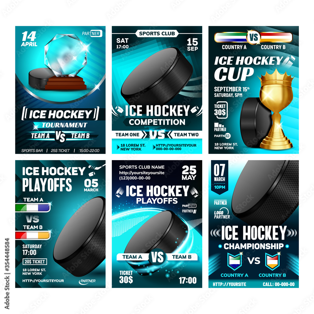 Hockey Ice Rink Sport Promo Posters Set Vector. Playing Puck And Hockey ...