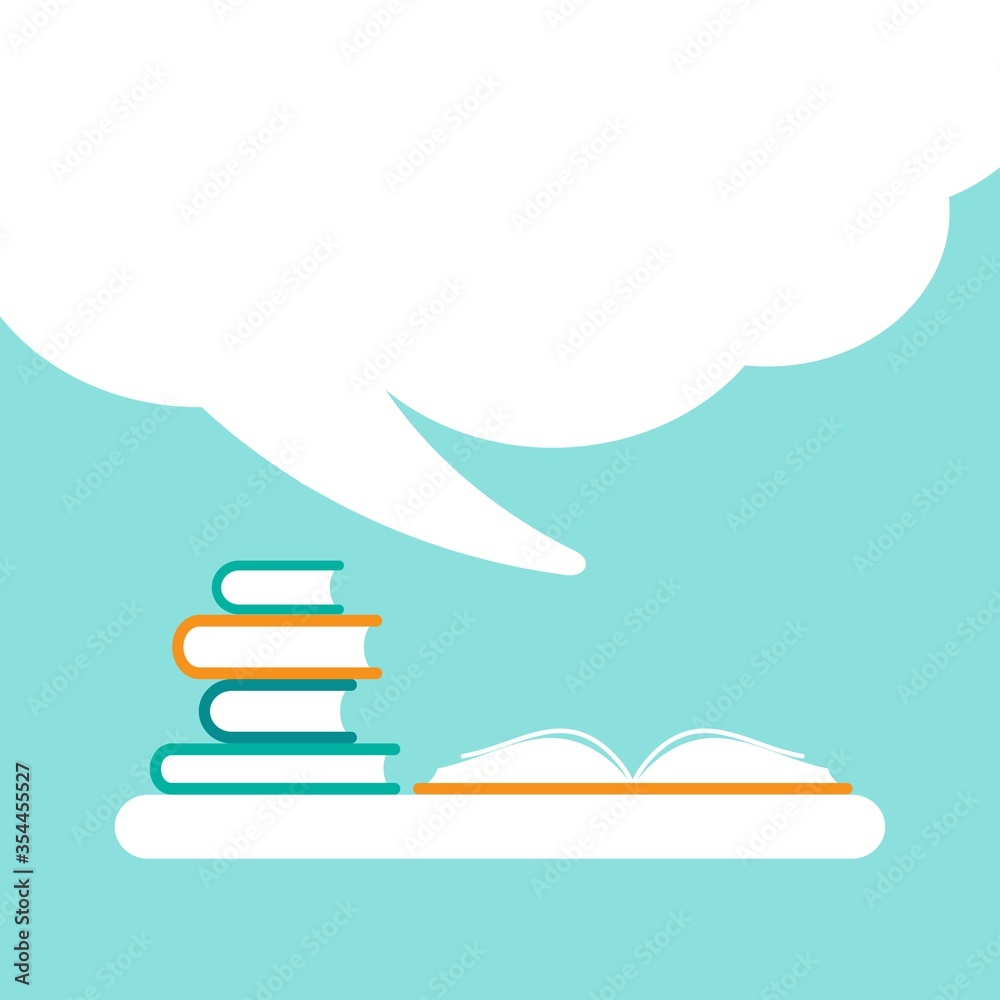 stack of books and open book with orange cover and big speech bubble ...