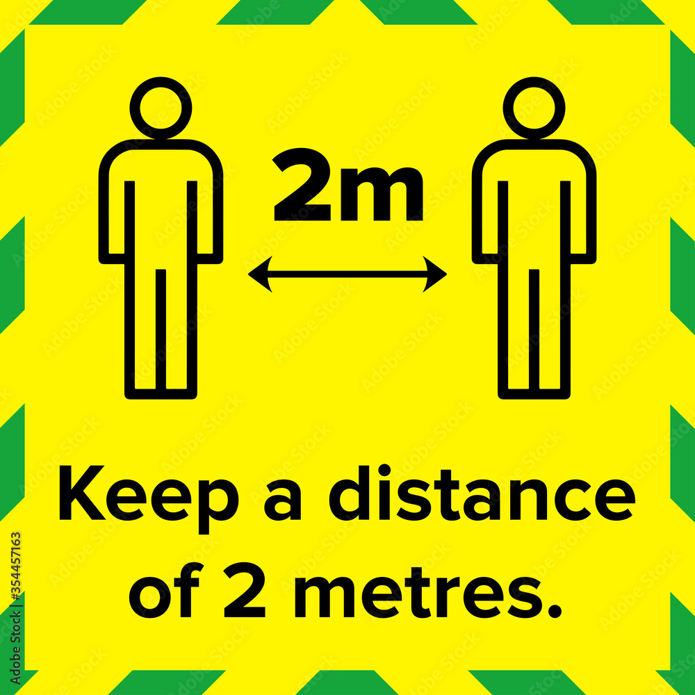 Coronavirus social distancing 2m metre distance warning sign or floor ...