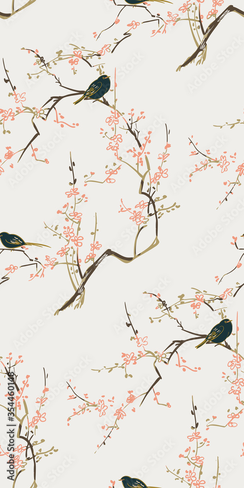 sakura bird flower vector japanese chinese nature ink illustration ...
