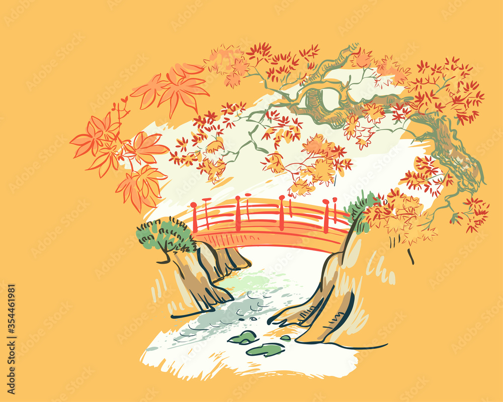 bridge maple autumn card nature landscape view landscape card vector ...