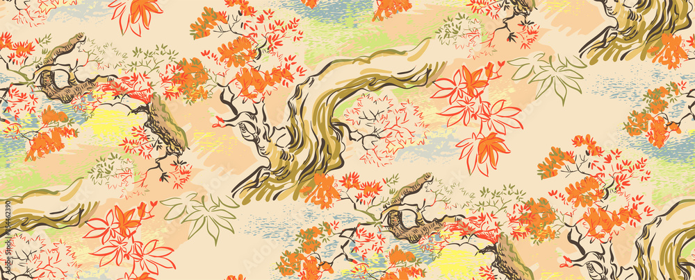 maple japanese chinese design sketch ink paint style seamless pattern ...