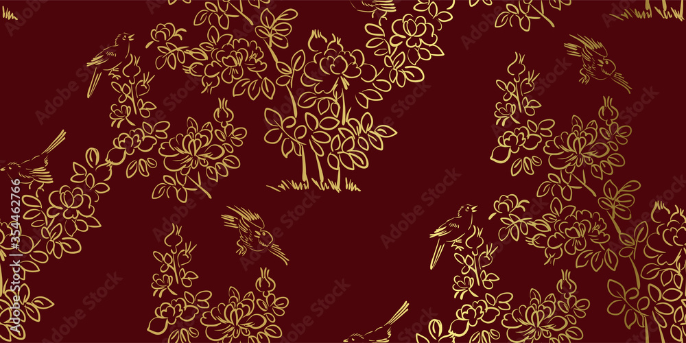 rose hip birds japanese chinese design sketch black gold style seamless ...