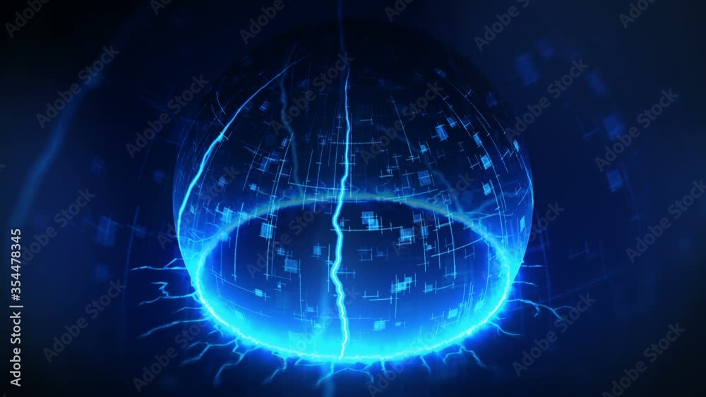 Show digital sphere from cracked ground. Half of sphere shield. Concept ...