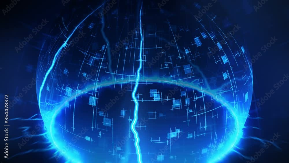 Show digital sphere from cracked ground. Half of sphere shield. Concept ...