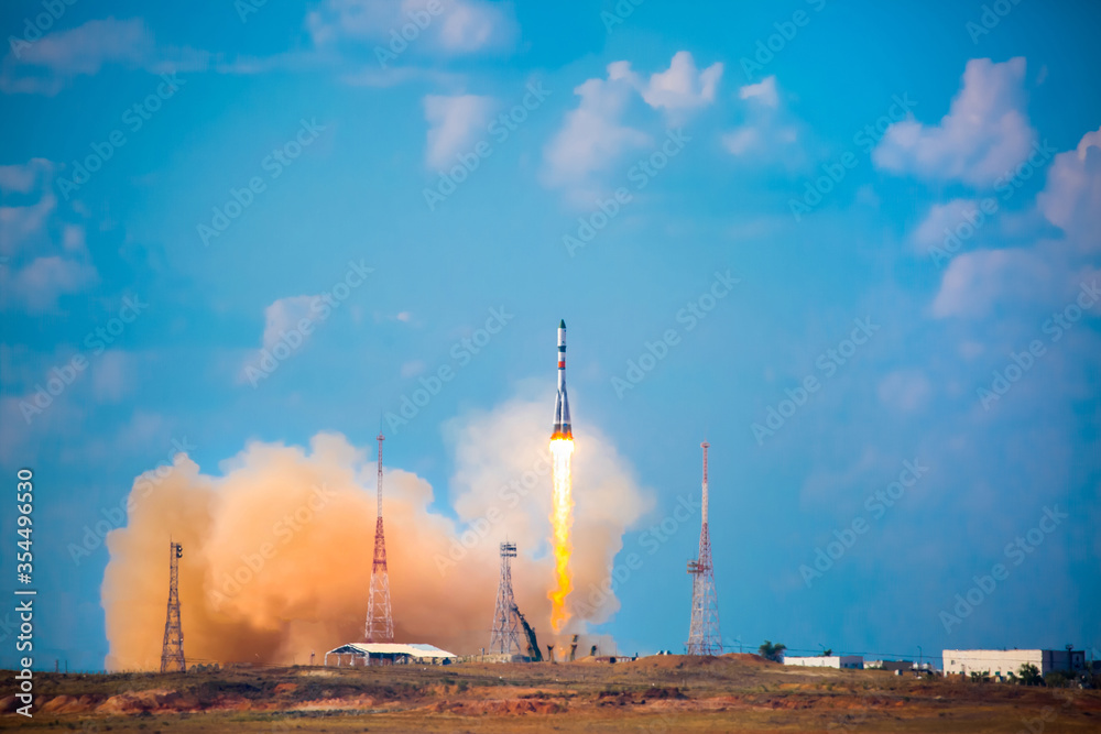 Take-off of a real launch vehicle from a spaceport. A rocket takes off ...