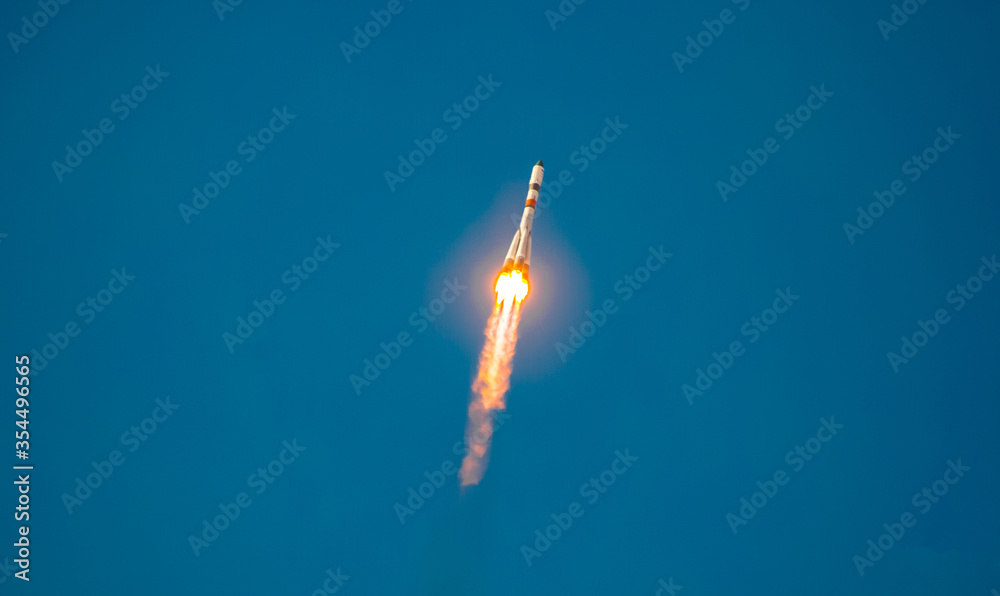 Take-off of a real launch vehicle from a spaceport. A rocket takes off ...