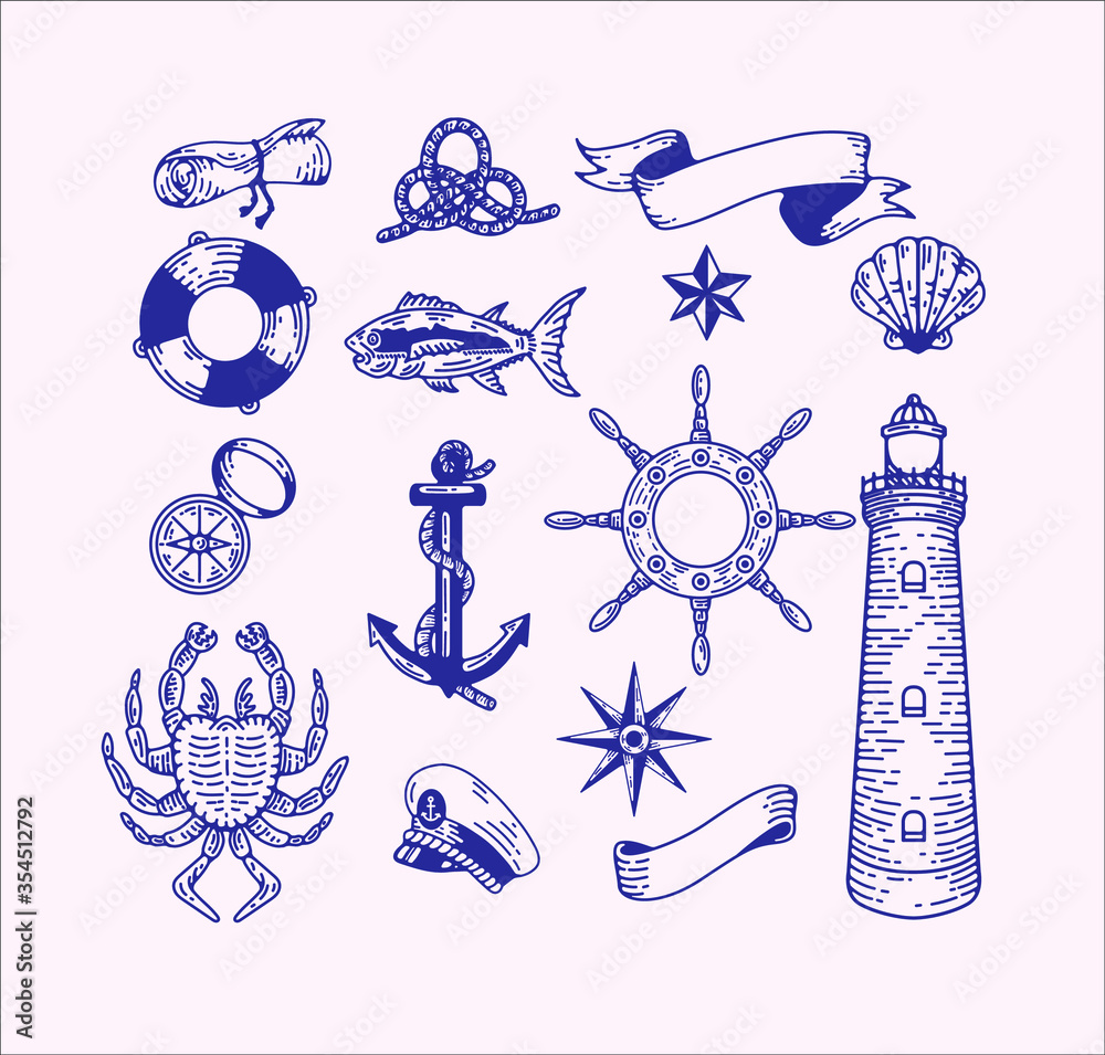 nautical illustration vector clipart set. engraved vintage vector sea ...