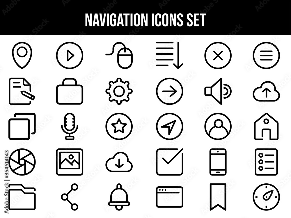 Black Outline Navigation Icon Set on White Background. Stock Vector ...