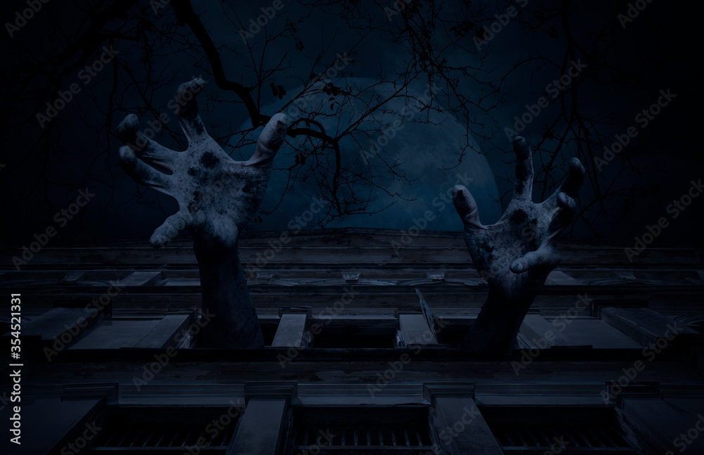 Zombie hand rising out from old ancient window castle building over ...