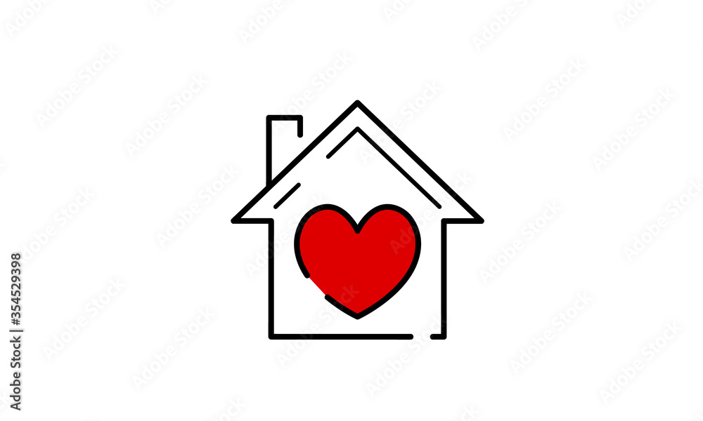 Vector illustration of transparent black line art house with a red ...