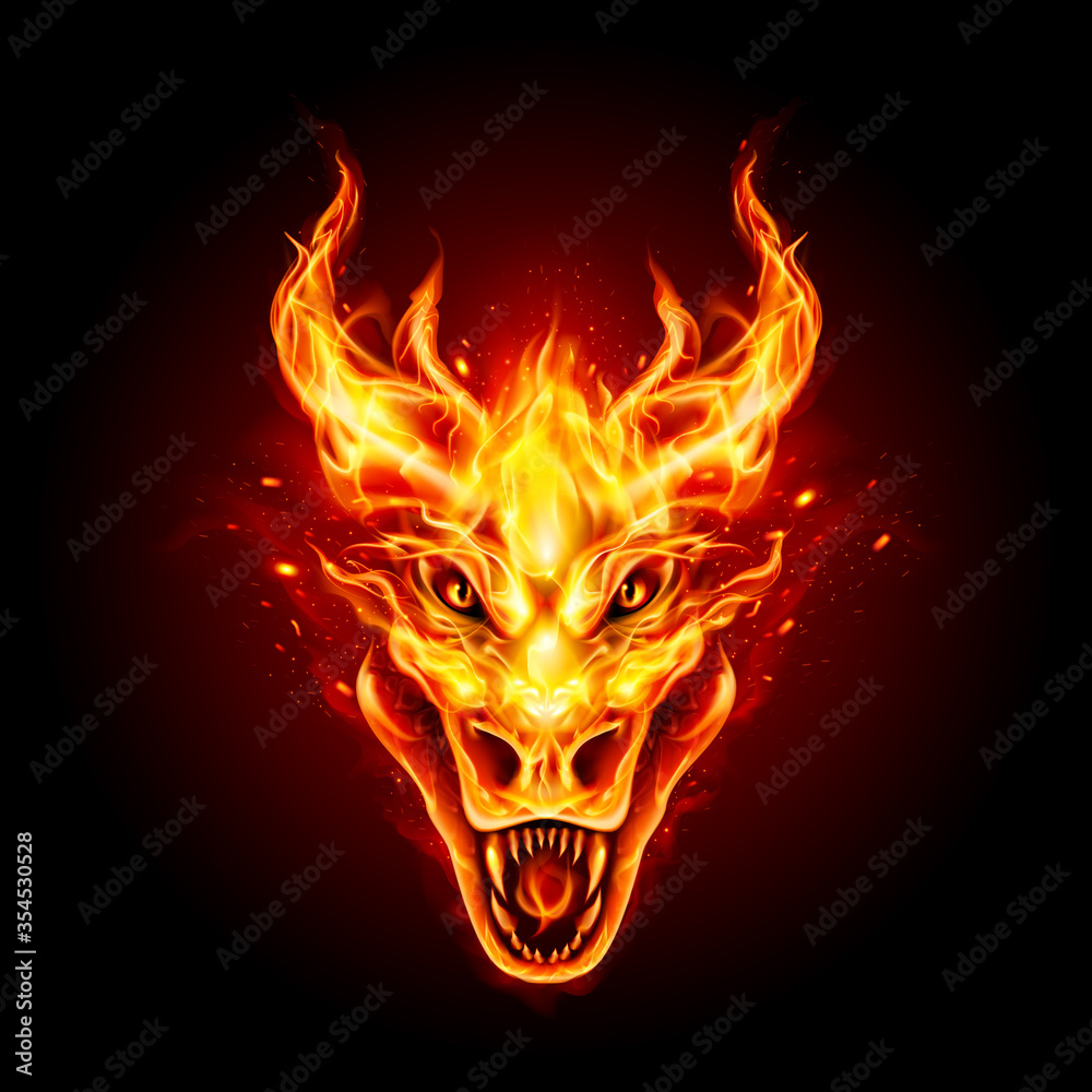 Legendary Fire Dragon Head on the Dark Background. Traditional Chinese ...