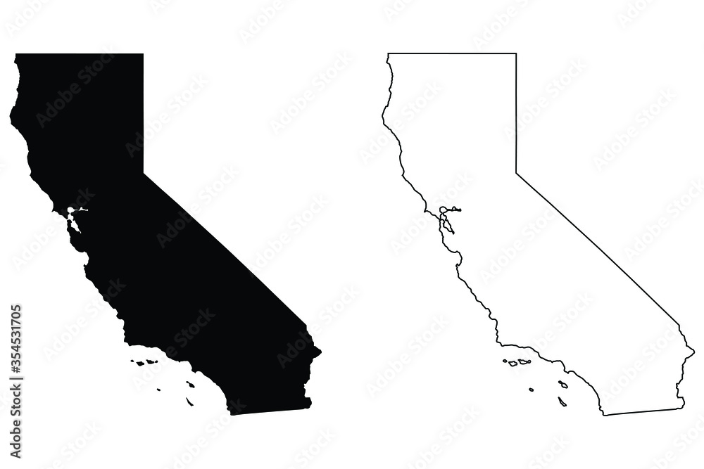 California CA state Map USA. Black silhouette and outline isolated maps ...