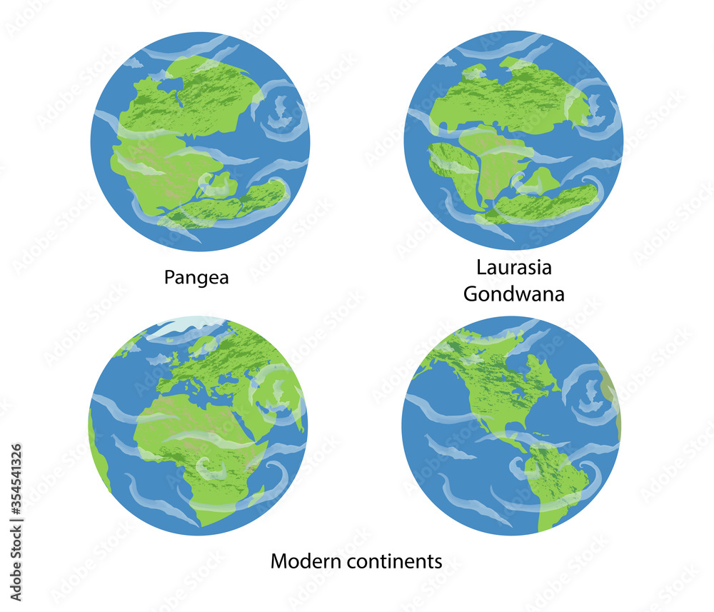 Vector Earth illustrations of continental drift, flat globe icons with ...