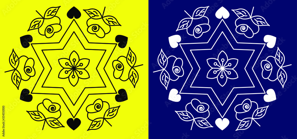 Star Mandala with rose flowers and love symbols isolated on yellow and ...