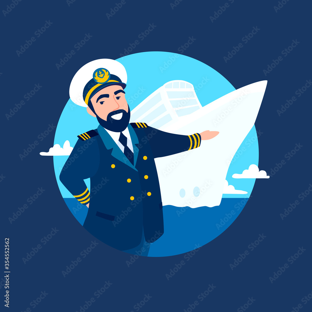 Friendly captain of the ship invites to the board, pointing his hand ...