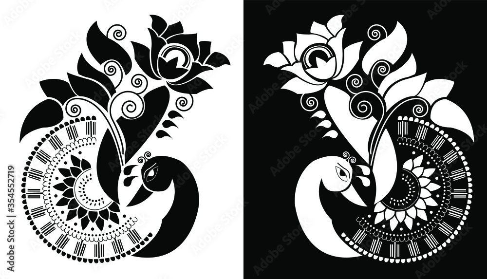 Indian alpona design concept of peacock with floral feathers isolated ...